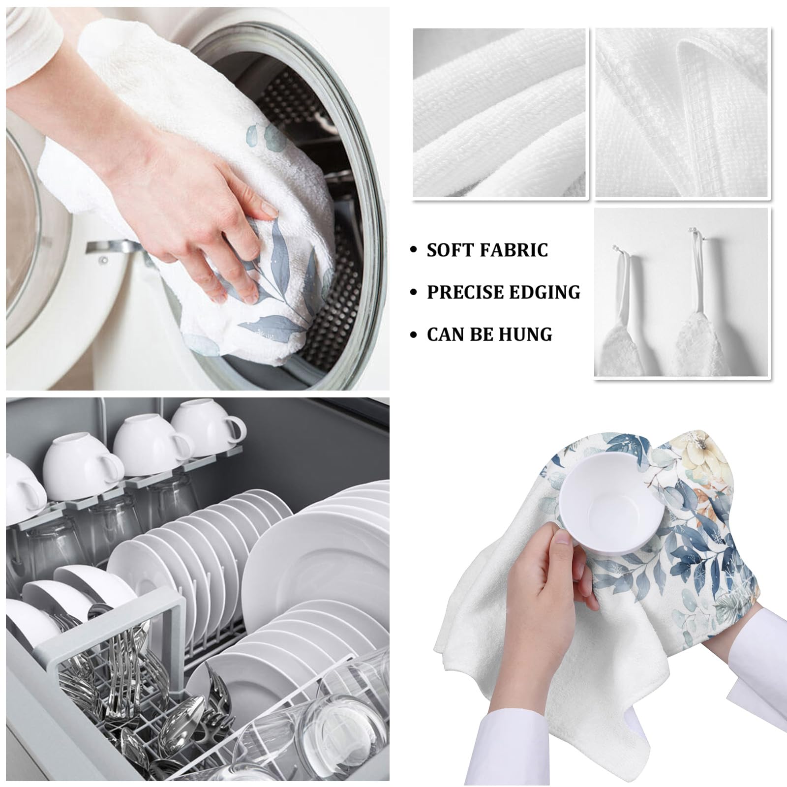 ZOE GARDEN Blue Christmas Kitchen Towels,Absorbent Microfiber Kitchen Dish Hand Tea Bath Towel,Quick Dry Cleaning Cloth Dishclothes Decorative Sets, Eucalyptus Leaves Flower Snowflake (4-PC, 18x28)