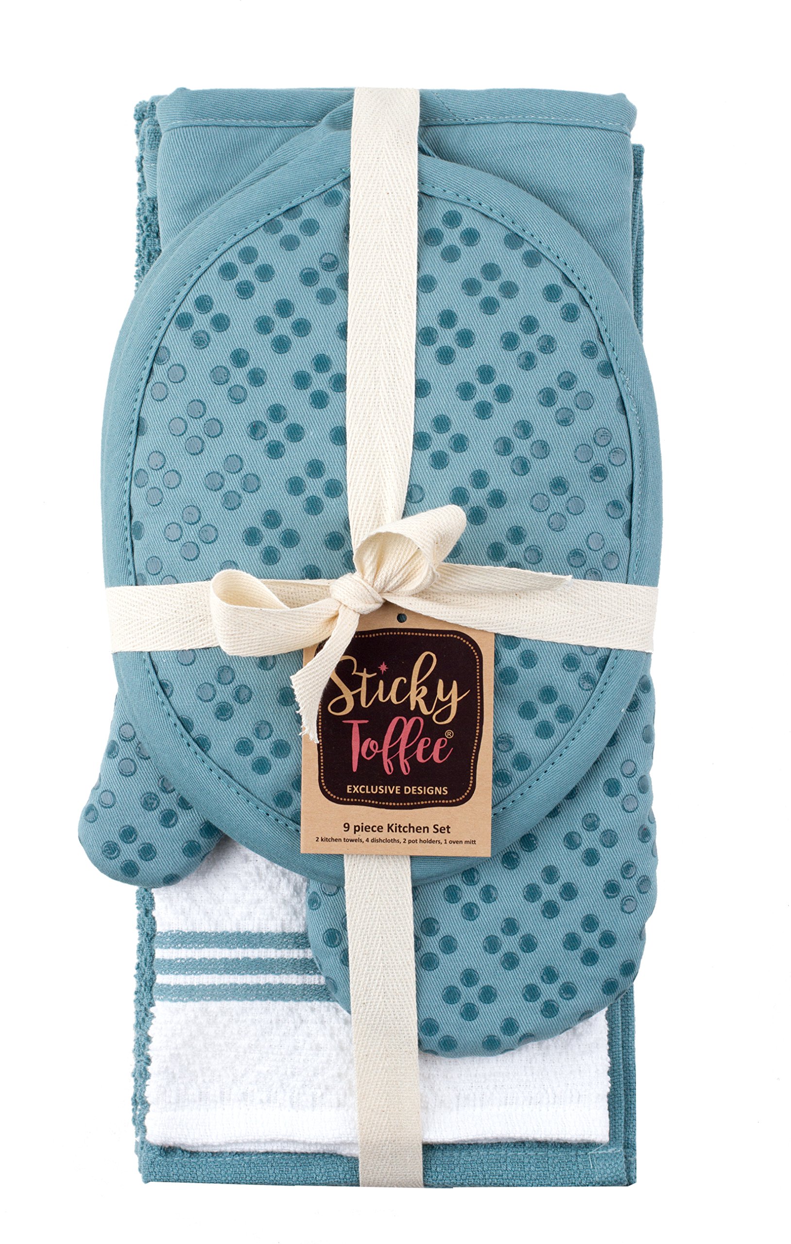 Kitchen Towels Dishcloths Oven Mitts and Pot Holders Set of 9, Oeko-Tex 100% Cotton Terry Dish Towels & Dish Cloths, Non-Slip Silicone, Blue