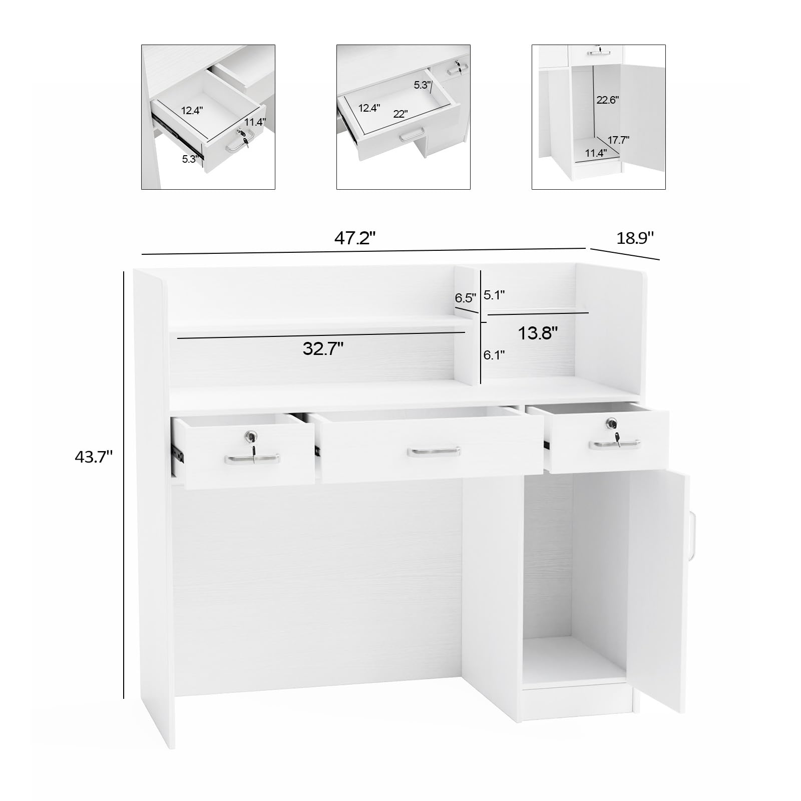 OmySalon Modern Reception Desk, Front Desk Counter with Lockable Drawers and Moveable Shelves, Receptionist Desk Retail Checkout, for Lobby Beauty Salon Office, White (47.2”W x 18.9”D x 43.7”H)