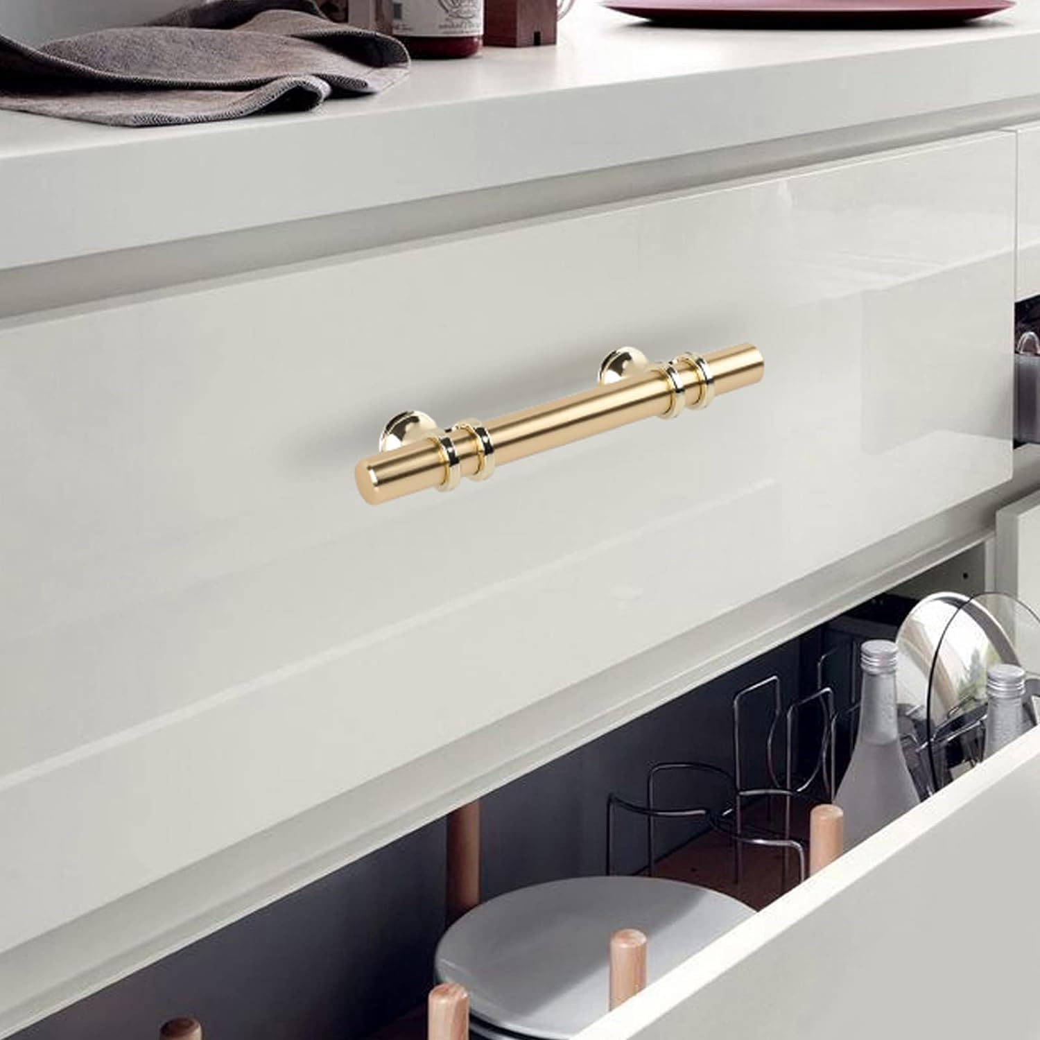 Haliwu 10 Pack Gold Cabinet Handles, Brushed Brass Pulls Kitchen Barrel Champagne Gold Pull Hardware, 3 inch Hole to Hole Center
