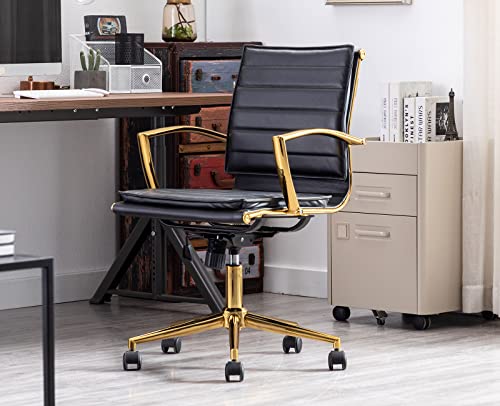 Shunzhi Leather Desk Chair with Armrest PU Leather Office Midback Adjustable Home Computer Executive Swivel Conference Task Managers Chair with Chrome Base, Black and Gold
