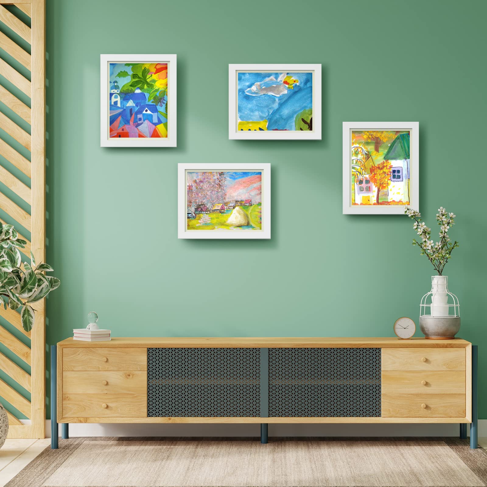 Hsypti Kids Art Frame, White, 8.5 x 11 inches (with Mat), 9 x 12 inches (without Mat), Modern, Plastic, Single Picture Frame, Rectangular, Space Theme, Easy Picture Change, Wall Mount or Tabletop