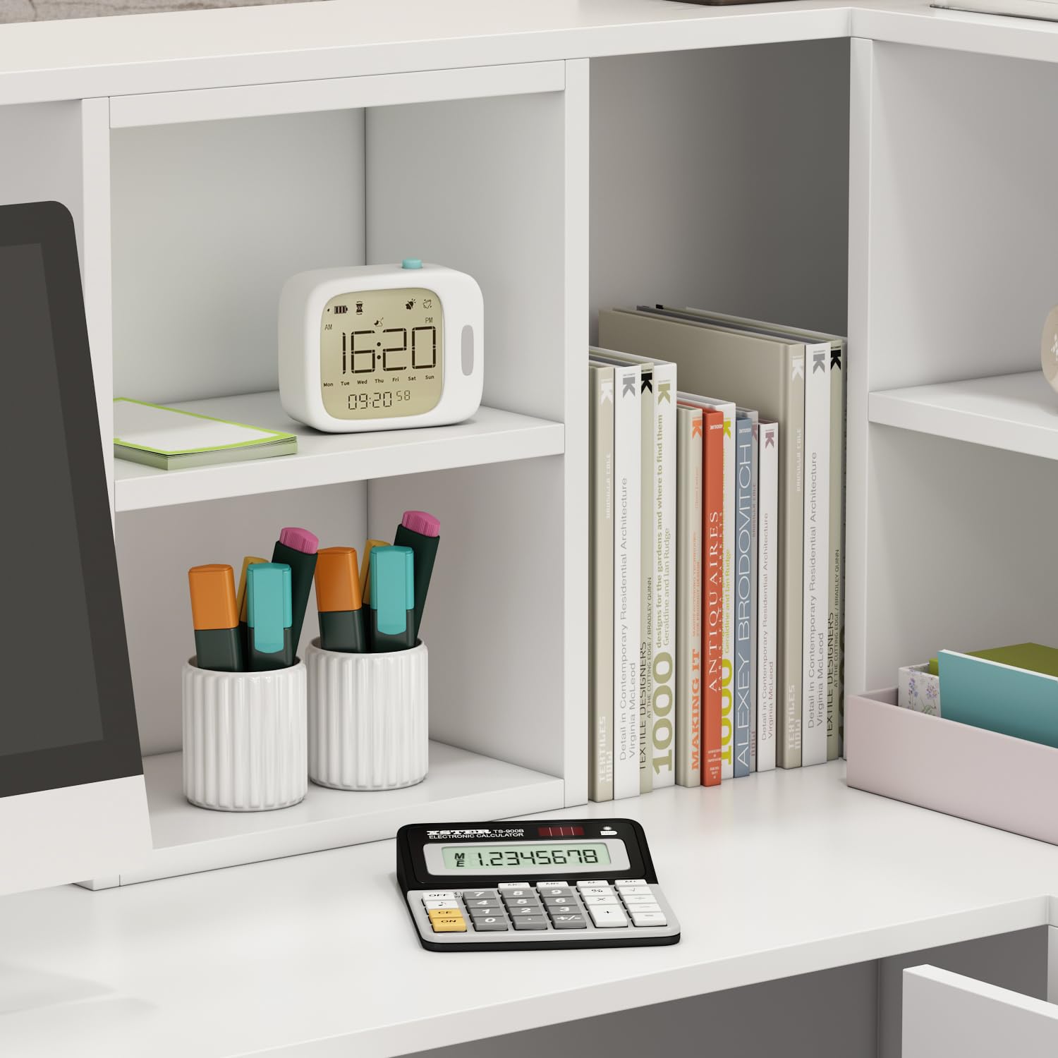 Hitow Modern Reception Desk Counter Table, L-Shap Reception Room Front Desk with Lockable Drawer & Open Shelves, Retail Counter for Salon Checkout Office, White (55.9" W x 32.3" D x 48.4" H)