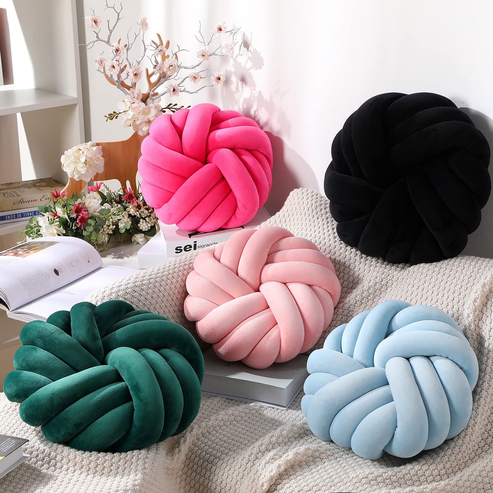 Fumete 2 Pcs Decorative Pillows 14 x 14 Inch Throw Knot Pillow for Couch Bedroom Soft Plush Sofa Ball Handmade Chair Cushion for Living Room Car Decorations (Black)
