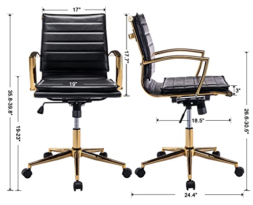 Shunzhi Leather Desk Chair with Armrest PU Leather Office Midback Adjustable Home Computer Executive Swivel Conference Task Managers Chair with Chrome Base, Black and Gold