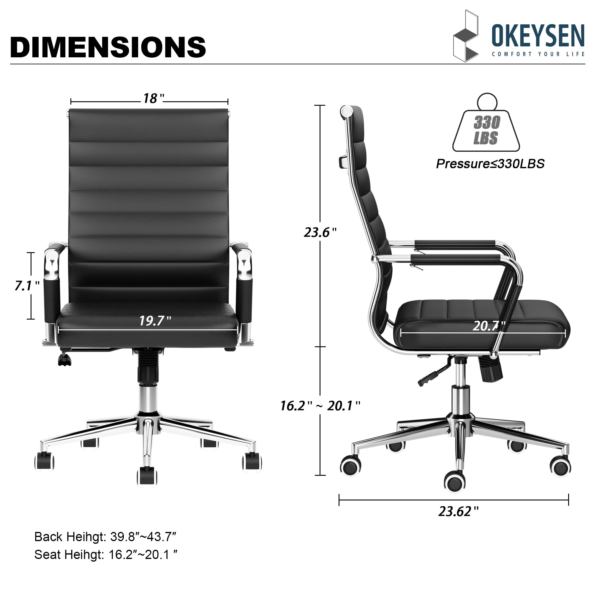Okeysen Office Desk Chair, Ergonomic Leather Modern Conference Room Chairs, Executive Ribbed Height Adjustable Swivel Rolling Chair for Home Office. (Black)