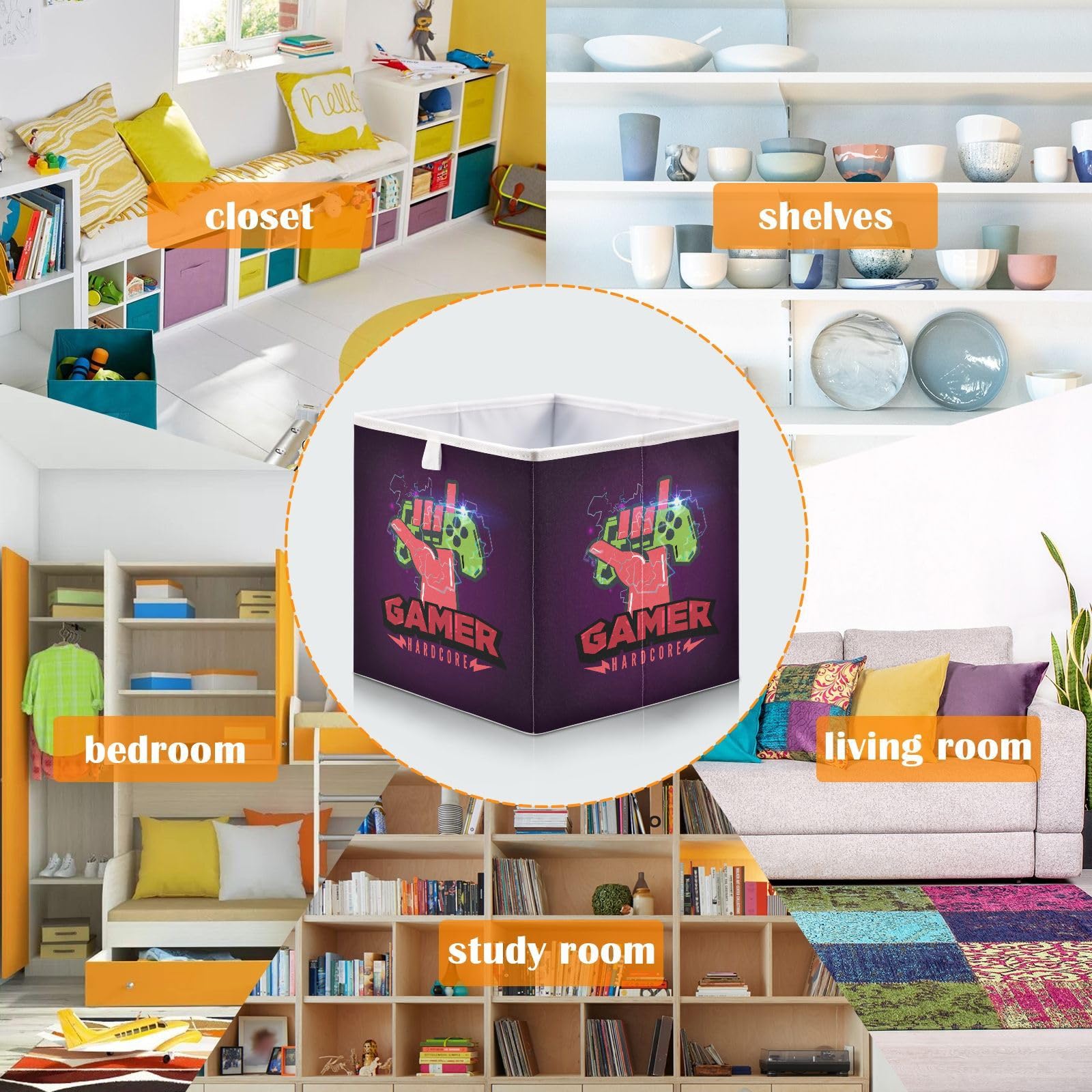 QUGRL Video Games Controller Storage Bins Organizer Joystick Foldable Clothes Storage Basket Box for Shelves Closet Cabinet Office Dorm Bedroom 15.75 x 10.63 x 6.96 in
