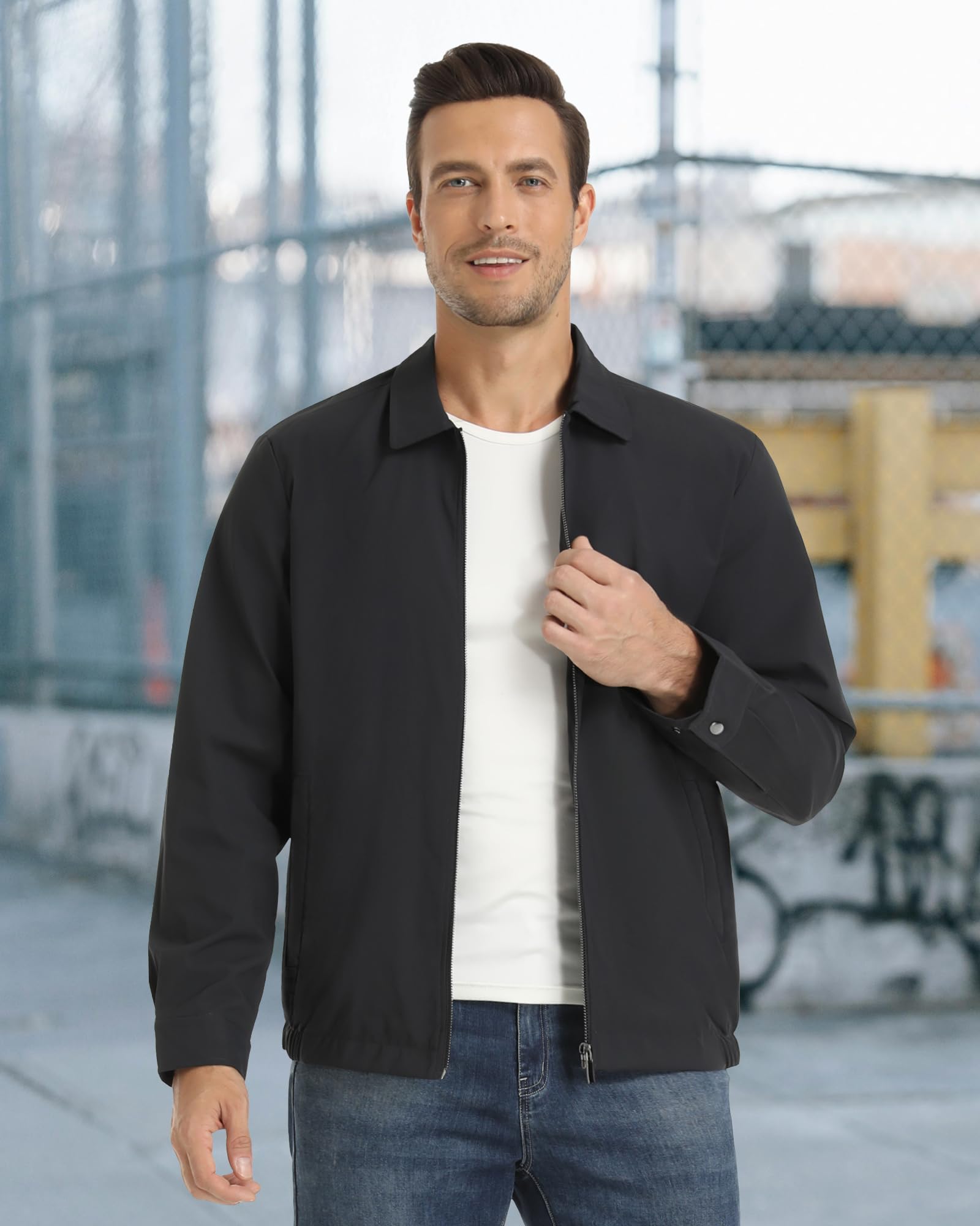 EKLENTSON Spring Jacket Men Casual Light Jacket Slim Fit Lightweight Windbreaker Jackets with Zip Pockets Black Large