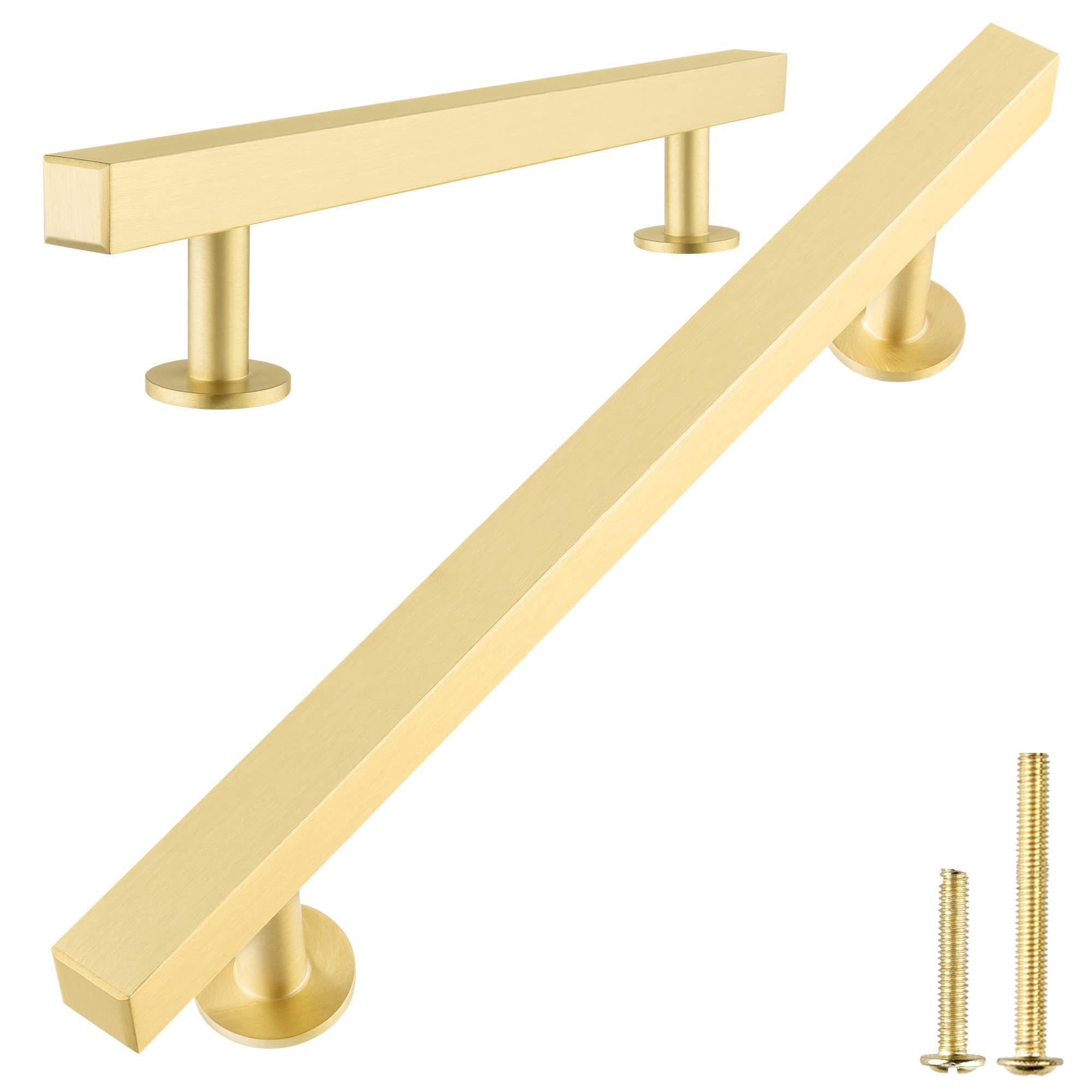 QOGRISUN 2-Pack Solid Brass Cabinet Handles, Gold Square T Bar Cabinet Pulls, 5 Inch Hole Center for Kitchen Dresser Drawer Cupboard, Brushed Brass Finish