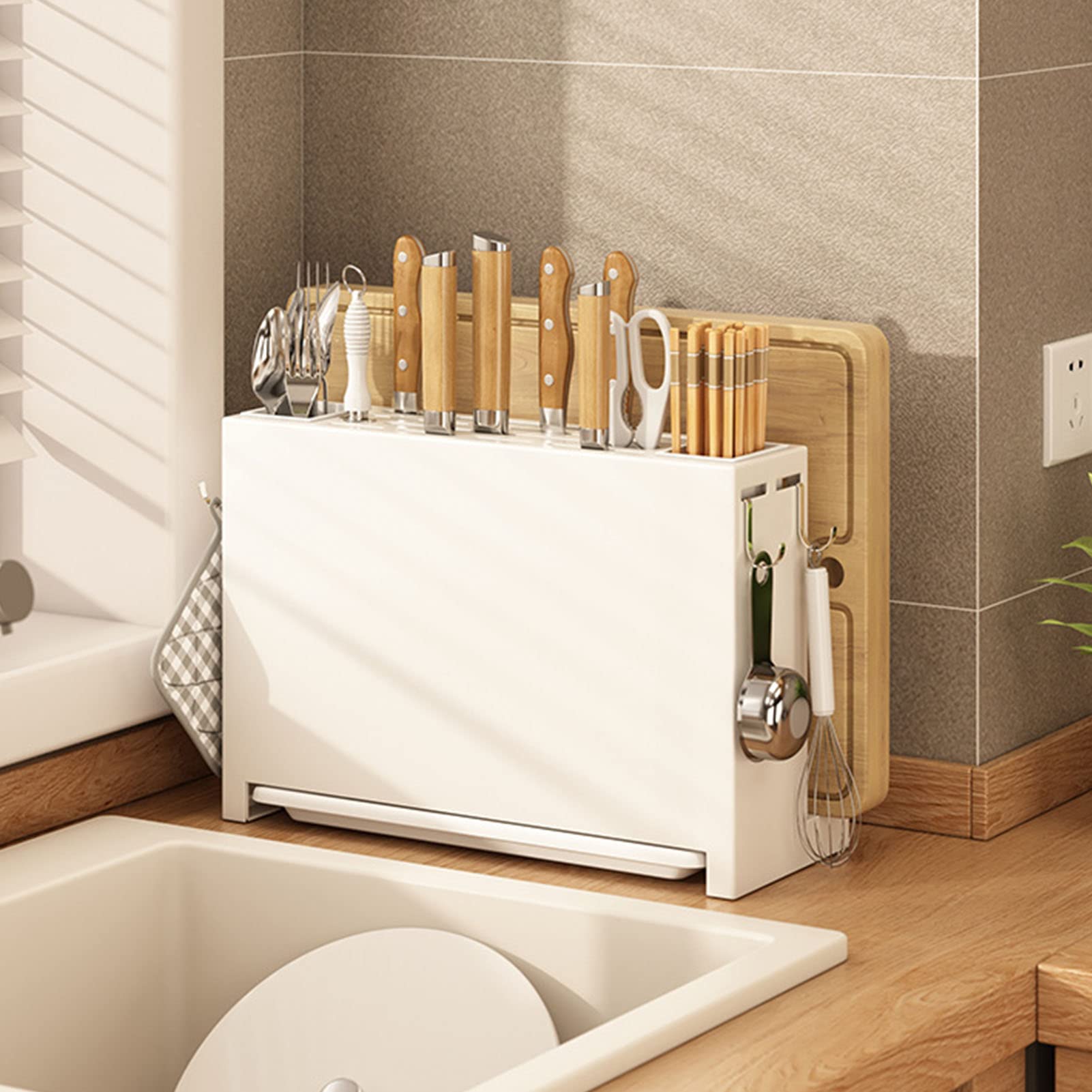 Knife Holder Knife Holder Kitchen Knife Drying Holder, Multifunction Kitchen Integrated Chopsticks Cutting Board Storage Rack Organizer White Fruit Knives, Kitchen Knives, Scissors, 13.2 X 5.2 X 9.1In