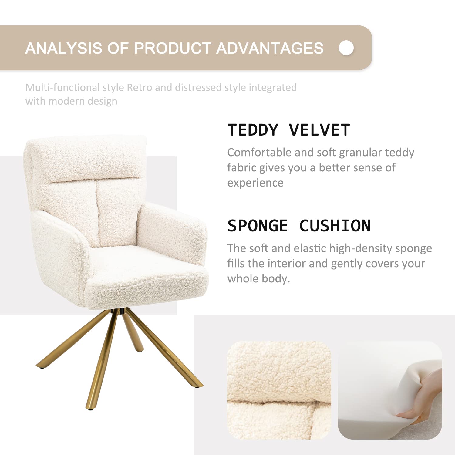Ugijei Teddy Office Desk Chair No Wheels, Modern Vanity Chair with Gold Legs