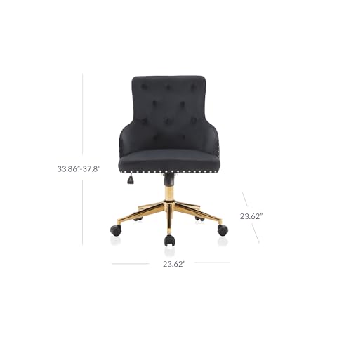 BELLEZE Modern Velvet Desk Chair for Home Office or Bedroom Vanity, Tufted Upholstered Seat with Slim Arms, Adjustable Height, Swivel, Wheels - Belden (Black)