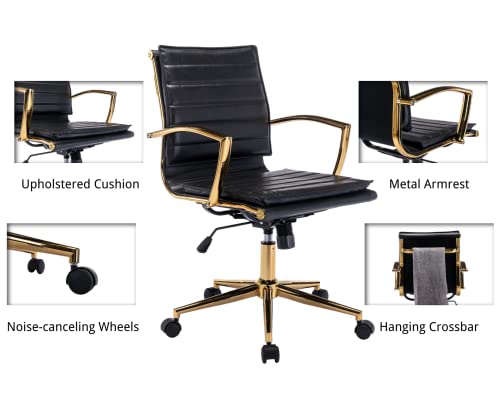 Shunzhi Leather Desk Chair with Armrest PU Leather Office Midback Adjustable Home Computer Executive Swivel Conference Task Managers Chair with Chrome Base, Black and Gold