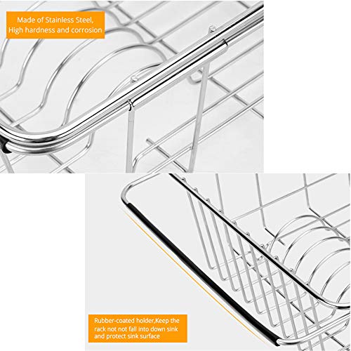 Jkhome Expandable Dish Drying Rack Adjustable Over Sink Dish Drainer Drain Stainless Steel Kitchen Fruit Vegetable Wash Storage Holder (Stainless Steel, Curved Bottom Type 17.32"x9.84"x4.33")