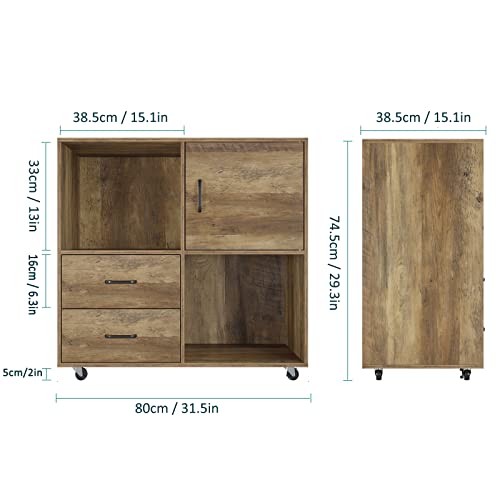 Graciia Wood Mobile File Cabinet, Lateral File Cabinet with 2 Drawers, Printer Stand with Storage Door and Shelves, Large Mobile Filing Cabinet for Home Office, Rustic Brown