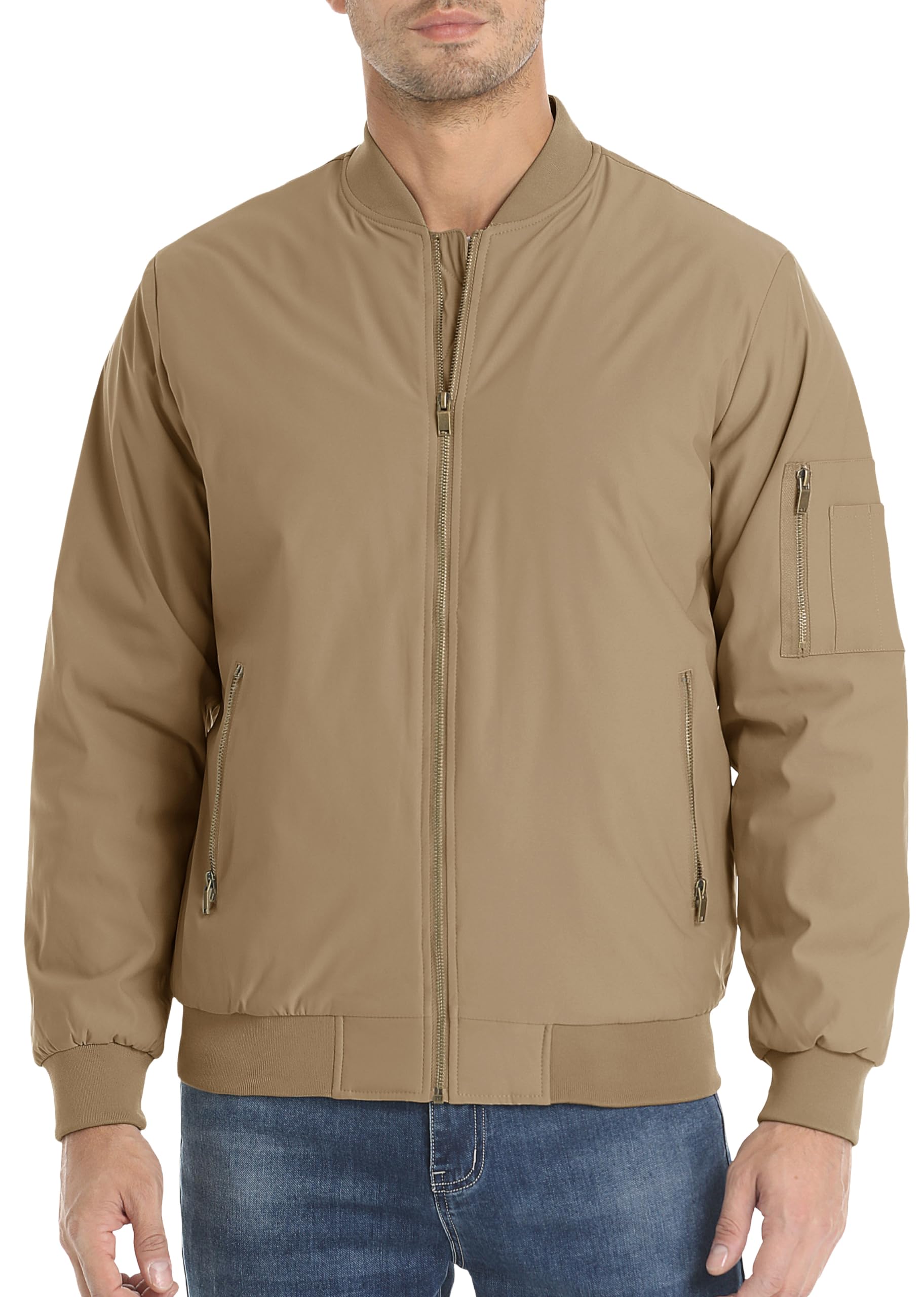 MAGCOMSEN Mens Bomber Jacket Fall Quilted Lining Lined Warm Jacket Full Zip Work Jackets Winter Casual Jacket Khaki XL