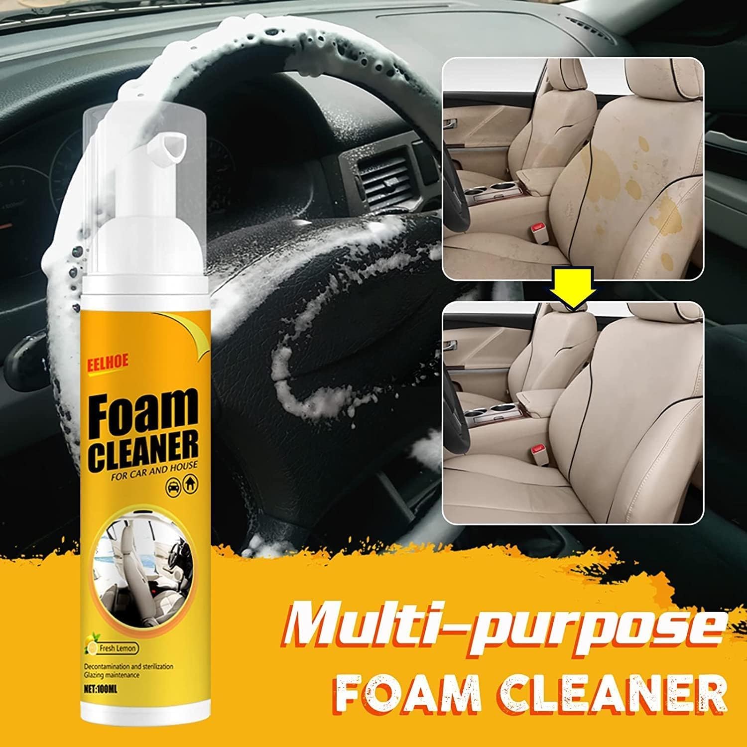 KUTDEP Dry Cleaning Ahent Multipurpose Foam Cleaner Spray,Lemon Flavor Multi-Purpose Foam Cleaner, Foam Cleaner for Car, Powerful Decontamination Set for Car and Home Kitchen (2pcs*100ML) + 2 Sponges