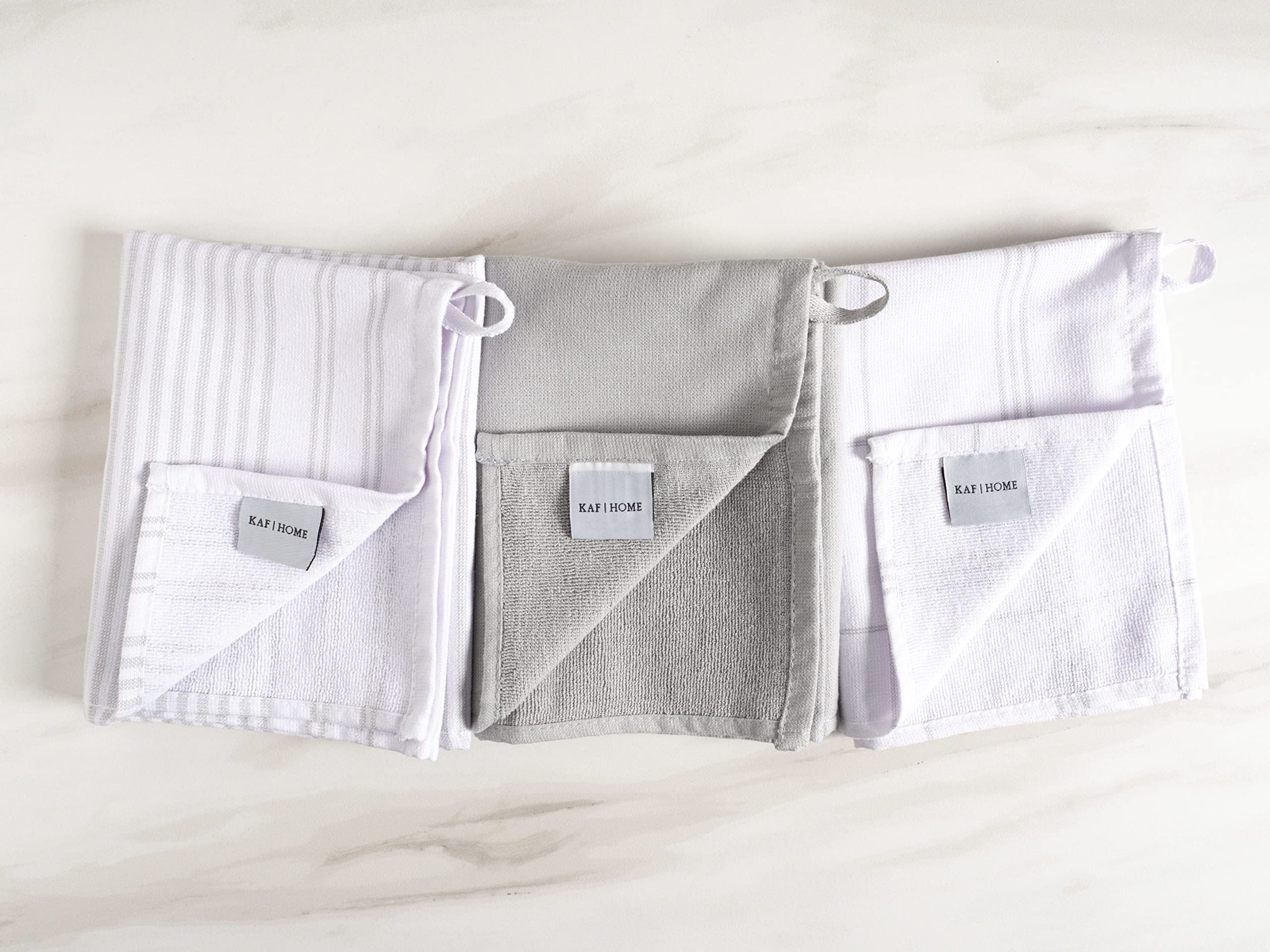 KAF Home Marseilles Reversible Terry Kitchen Towels - Set of 3-100% Cotton (Drizzle Gray)