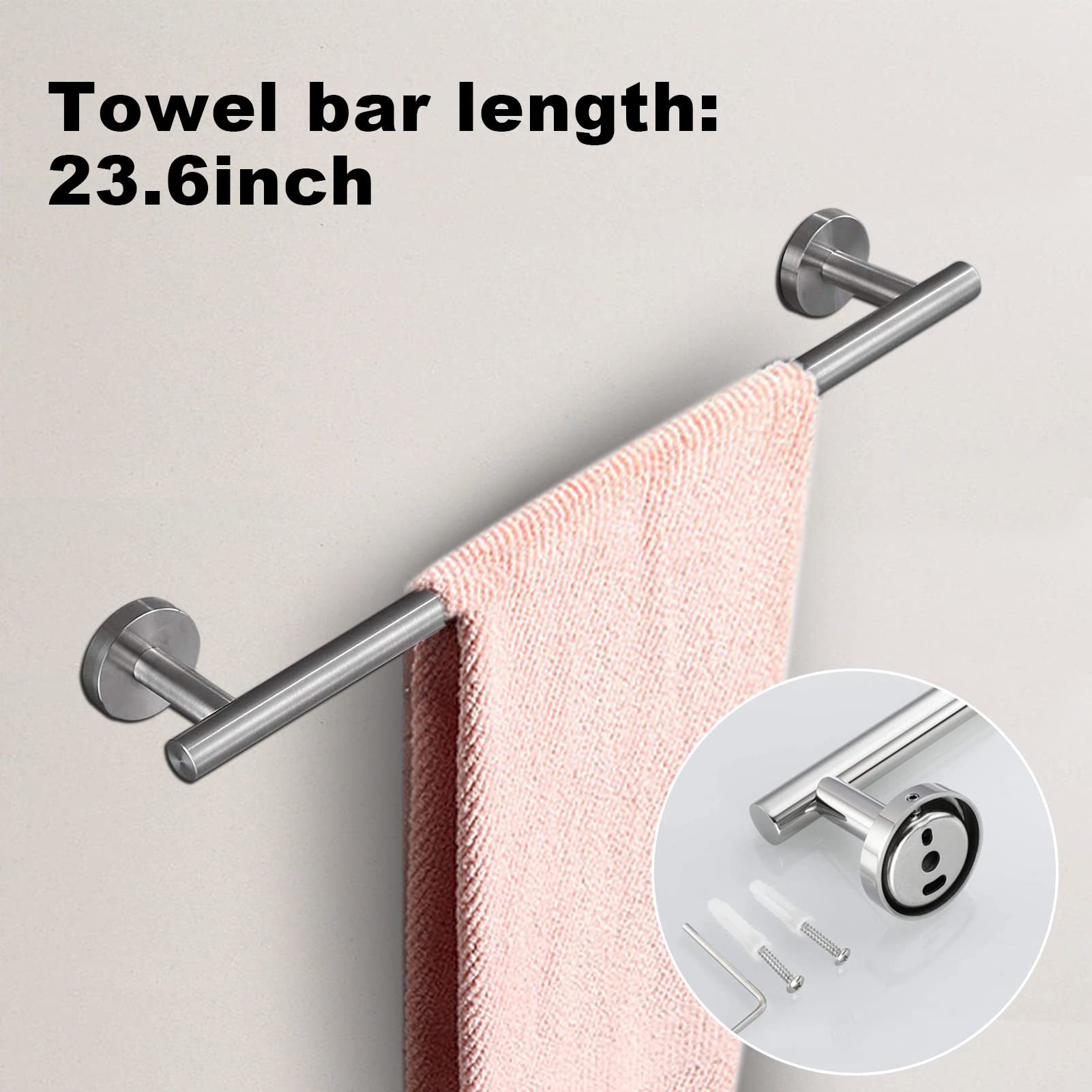 Toptowel Bathroom Towel Rack Set - 8 Pieces, Includes 2 Packs 23.6 inch Towel Bar, Hooks, Rings, Toilet Paper Holder - Brushed Nickel