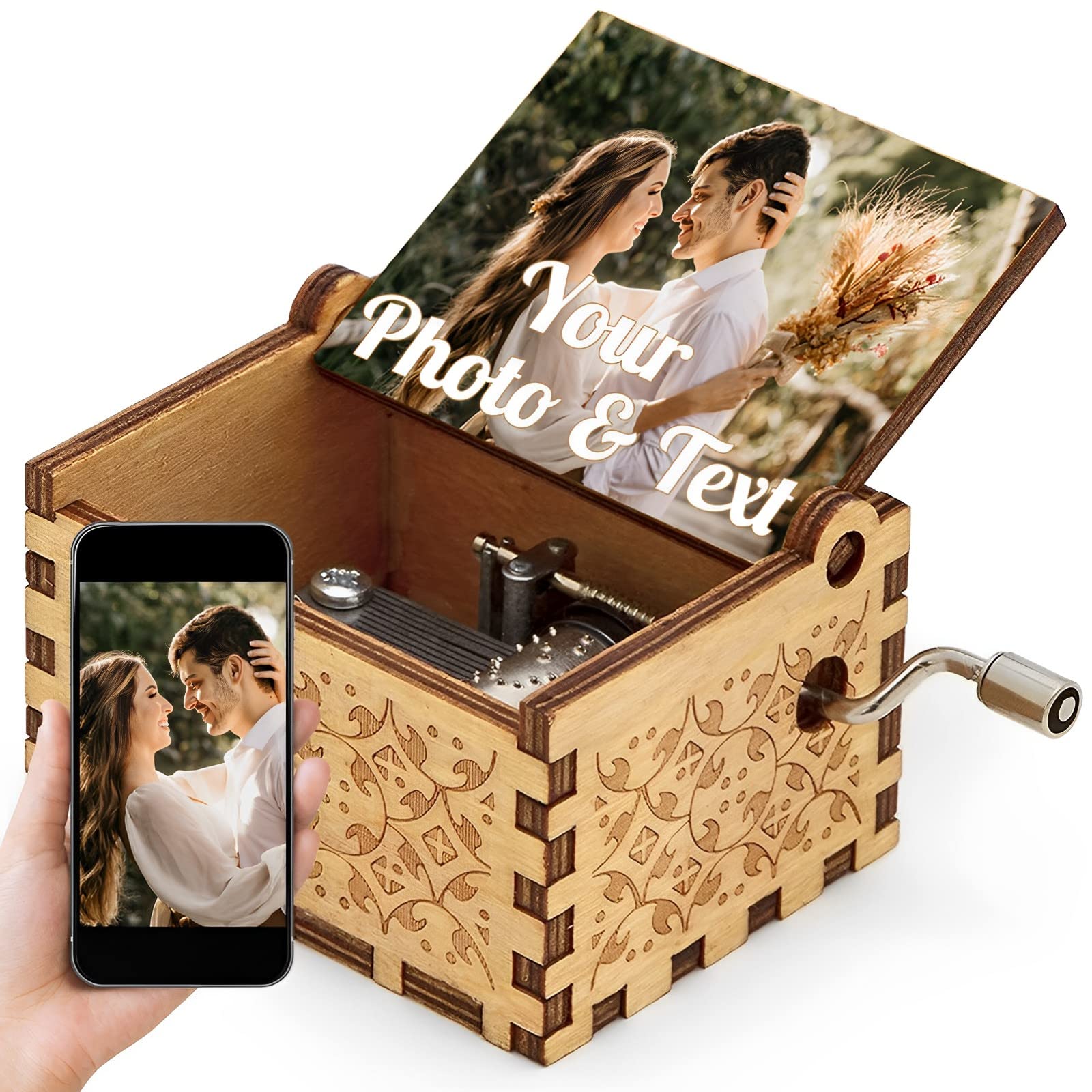 Personalized Music Box Custom Gift with Your Photo Text Wooden Hand Crank Music Box for Father's Day Mother's Day Valentine's Day Wedding Anniversary Birthday