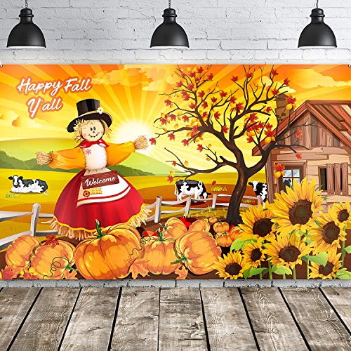 Blulu Happy Fall Y'all Party Decoration Backdrop Welcome Fall Scarecrow Harvest Decorative Autumn Background for Halloween Thanksgiving Party Décor Harvest Time Pumpkin (Orange Fall)