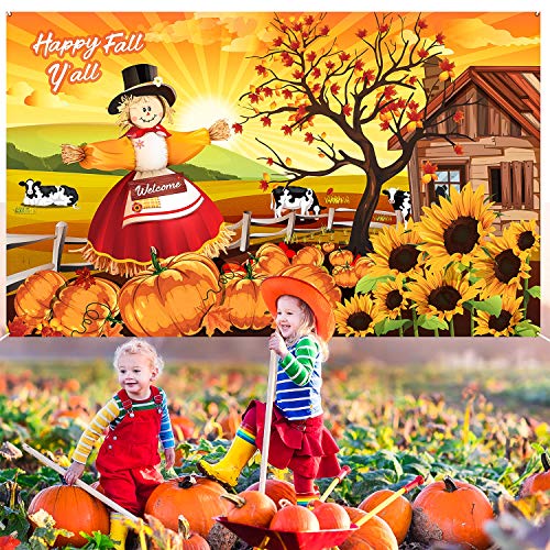 Blulu Happy Fall Y'all Party Decoration Backdrop Welcome Fall Scarecrow Harvest Decorative Autumn Background for Halloween Thanksgiving Party Décor Harvest Time Pumpkin (Orange Fall)