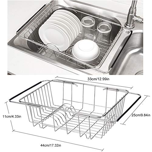 Jkhome Expandable Dish Drying Rack Adjustable Over Sink Dish Drainer Drain Stainless Steel Kitchen Fruit Vegetable Wash Storage Holder (Stainless Steel, Curved Bottom Type 17.32"x9.84"x4.33")