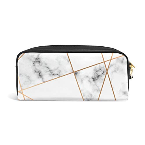 ALAZA Cute Pencil Case White Marble with Gold Geometric Lines Pen Cases Organizer PU Leather Comestic Makeup Bag Make up Pouch