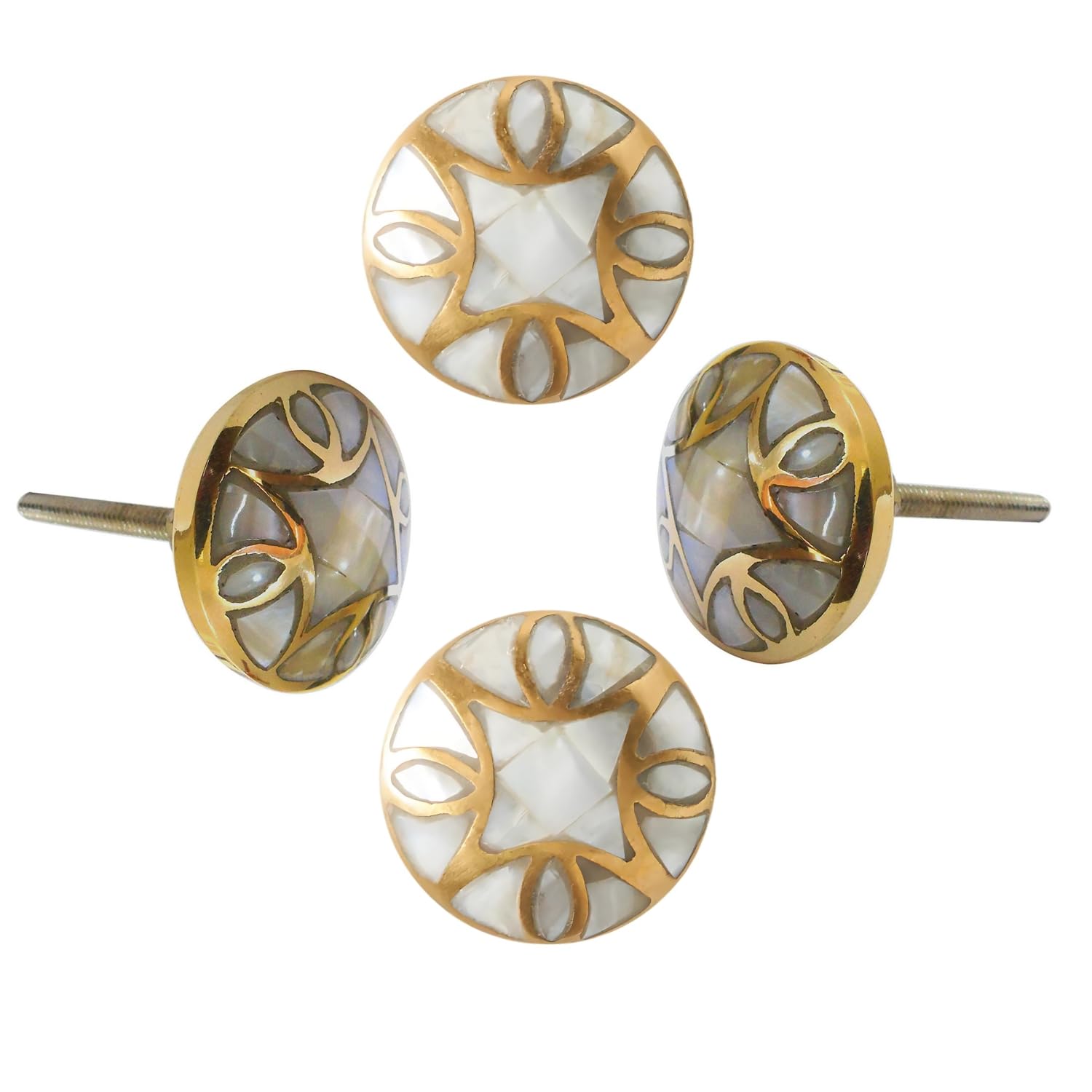 Perilla Home Set of 4 Premium Mother of Pearl Decorative Drawer Knobs - Gold Embroidered Vintage Kitchen Cabinet Handles Hardware Cupboard Door Unique Dresser Pulls Brass Round Knobs (Design-2)