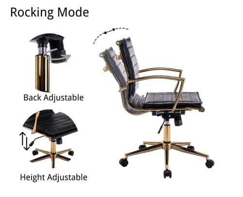 Shunzhi Leather Desk Chair with Armrest PU Leather Office Midback Adjustable Home Computer Executive Swivel Conference Task Managers Chair with Chrome Base, Black and Gold