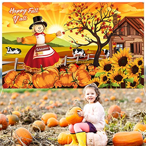 Blulu Happy Fall Y'all Party Decoration Backdrop Welcome Fall Scarecrow Harvest Decorative Autumn Background for Halloween Thanksgiving Party Décor Harvest Time Pumpkin (Orange Fall)