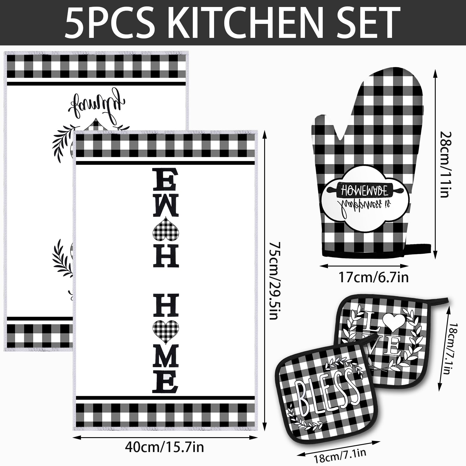 5 Pieces Buffalo Plaid Kitchen Towels Oven Mitts and Pot Holder Set Black and White Kitchen Towels Oven Gloves, Hot Pads Pot Holders for Farm House Accessories Decor(Heart)