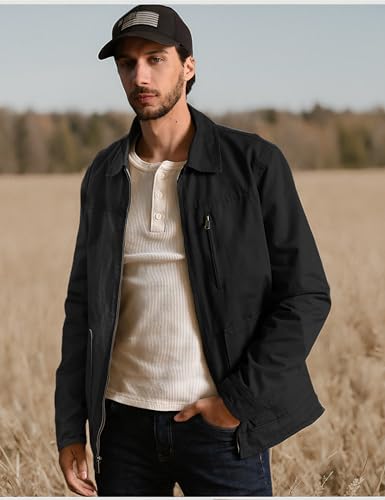 WenVen Men's Casual Canvas Cotton Lightweight Military Jacket (Black,M)