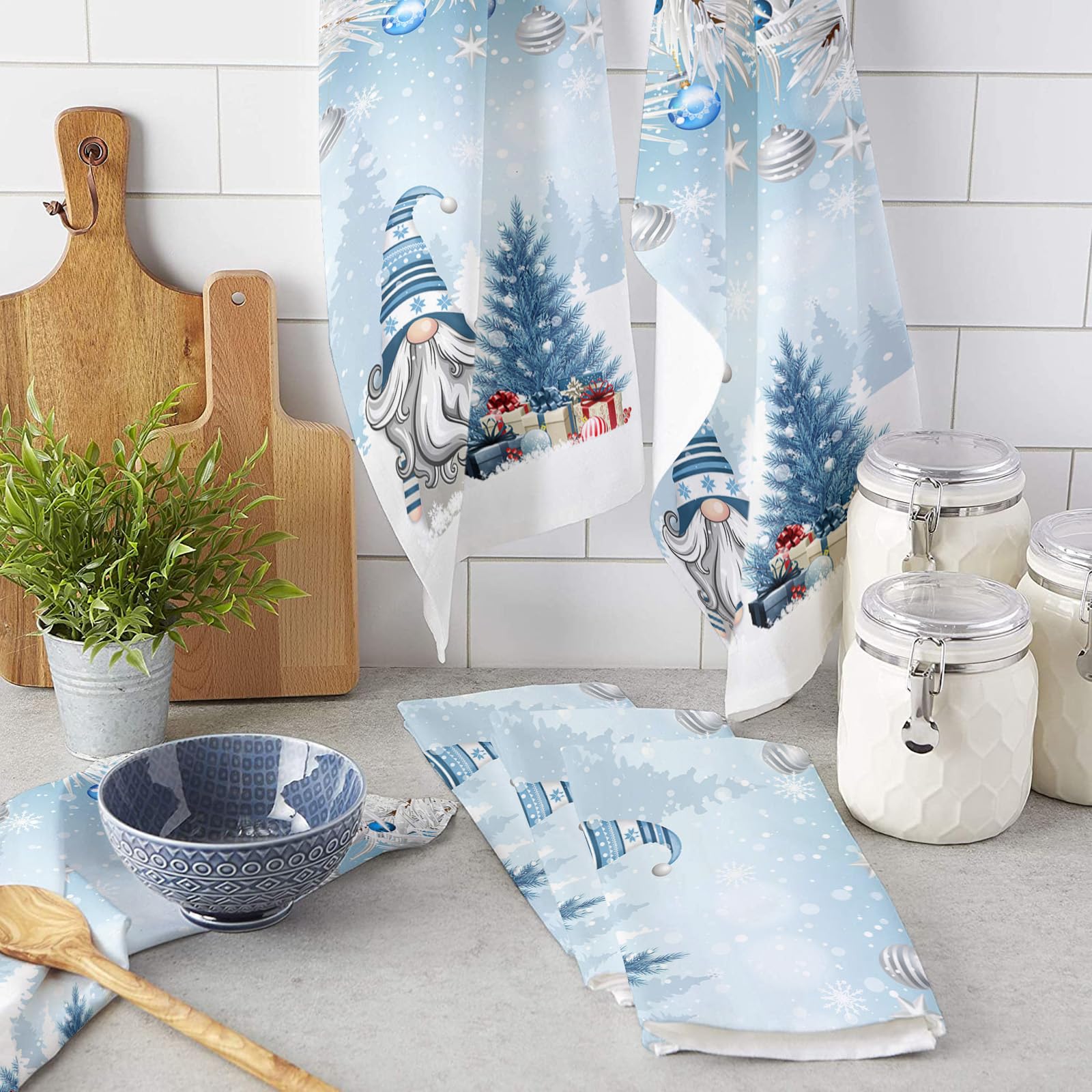 ZOE GARDEN Christmas Kitchen Towels,Absorbent Microfiber Kitchen Dish Hand Tea Bath Towel,Quick Dry Cleaning Cloth Dishclothes Decorative Sets, Winter Gnomes Xmas Silver Tree Pine Blue (1-PC, 18x28)