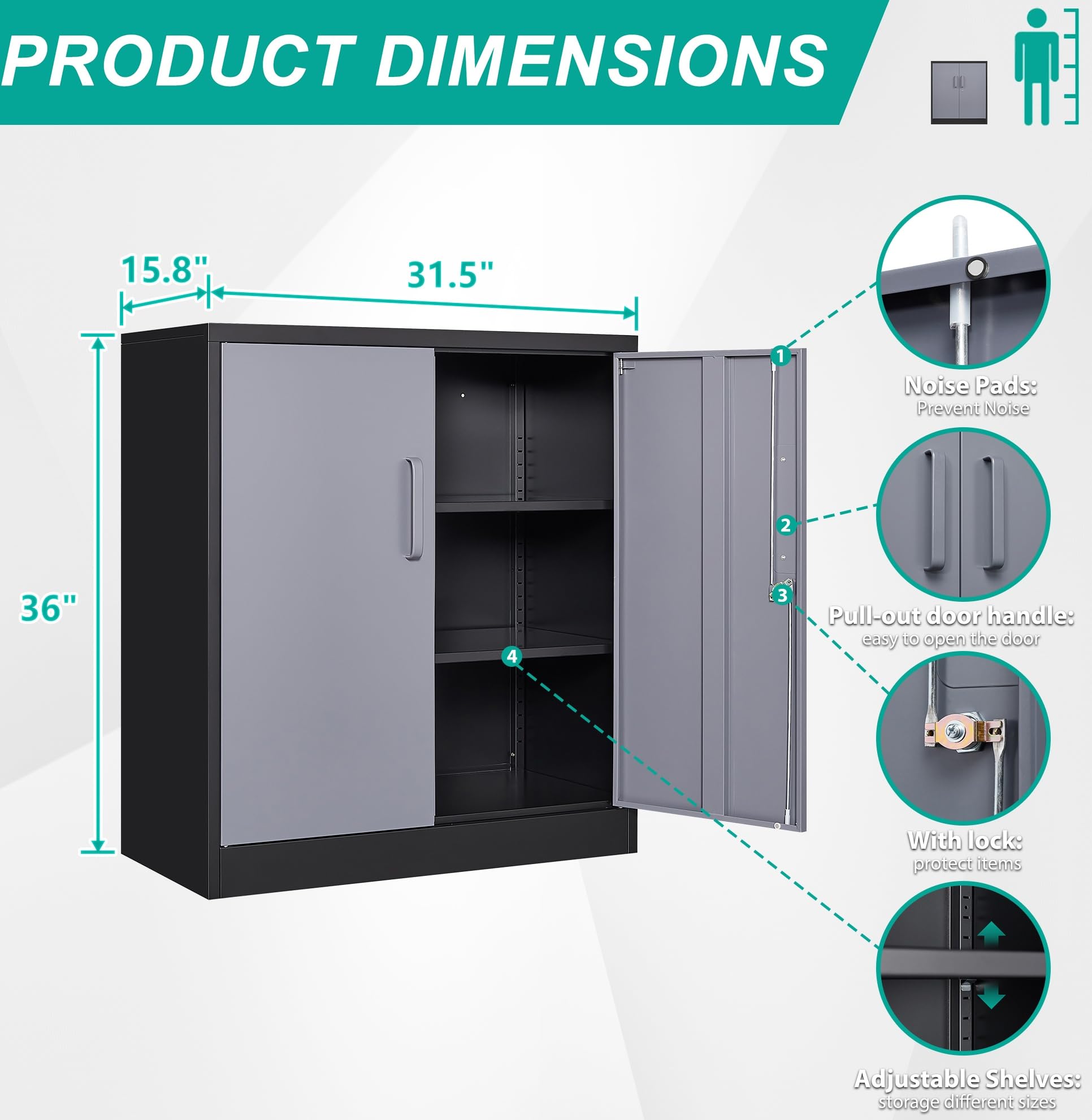 SISESOL Storage Cabinet with Doors and Shelves,Metal Storage Cabinet with Locking Doors,Small Metal Cabinets with Lock,Gray Garage Cupboard for Home Office,Garage,Shop