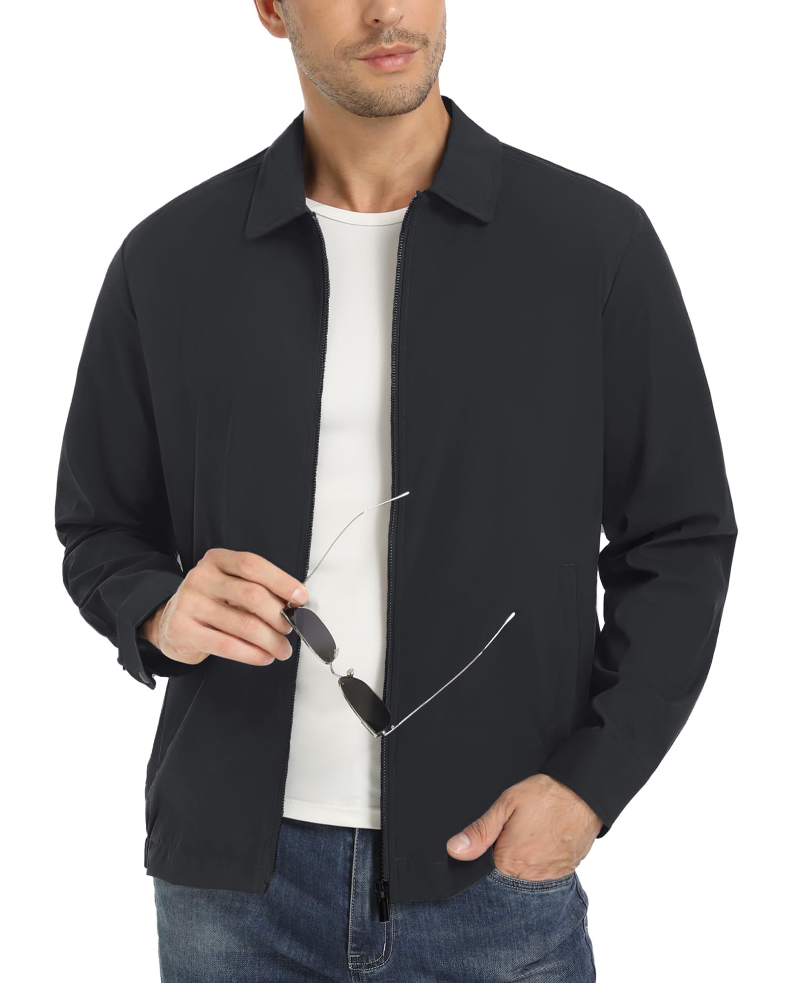 EKLENTSON Spring Jacket Men Casual Light Jacket Slim Fit Lightweight Windbreaker Jackets with Zip Pockets Black Large