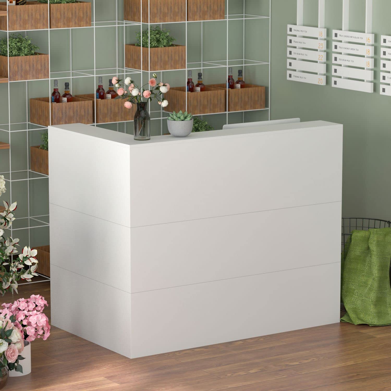 FAMAPY Modern Reception Desk Front Desk Reception Counter, Large Storage Shelves and Drawers, Retail Counter for Reception Room White
