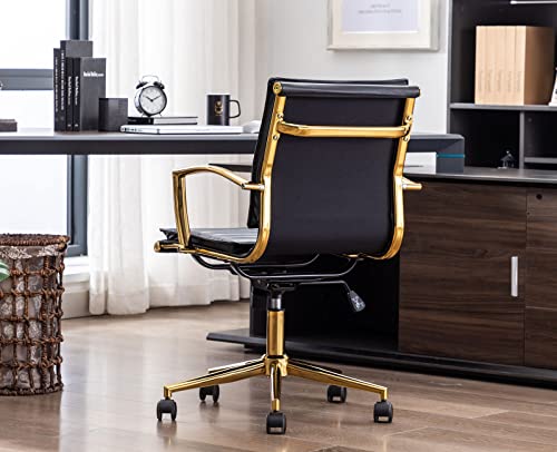 Shunzhi Leather Desk Chair with Armrest PU Leather Office Midback Adjustable Home Computer Executive Swivel Conference Task Managers Chair with Chrome Base, Black and Gold