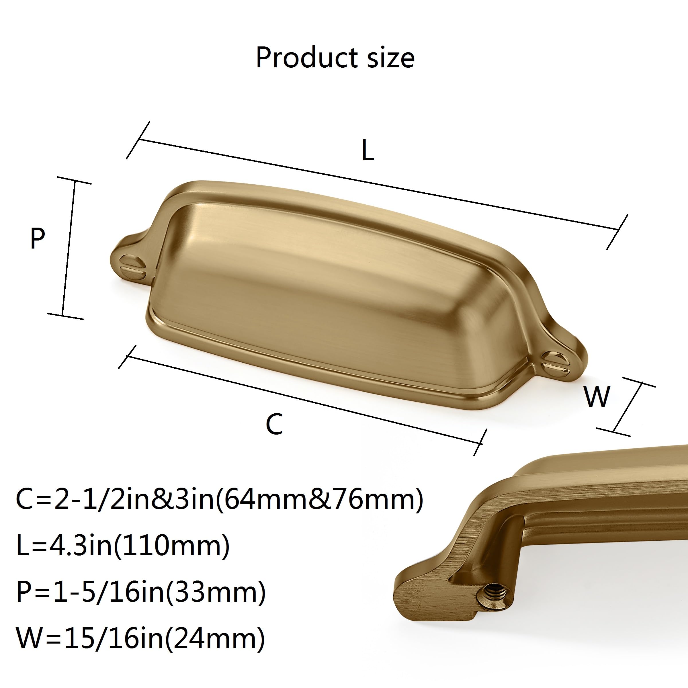 CABDM 6 Pack 3 inch(76 mm) Brushed Brass Cabinet Cup Pulls Brushed Gold Drawer Pulls Kitchen Hardware Cabinet Handles Drawer Handles Knobs Cup Pull.
