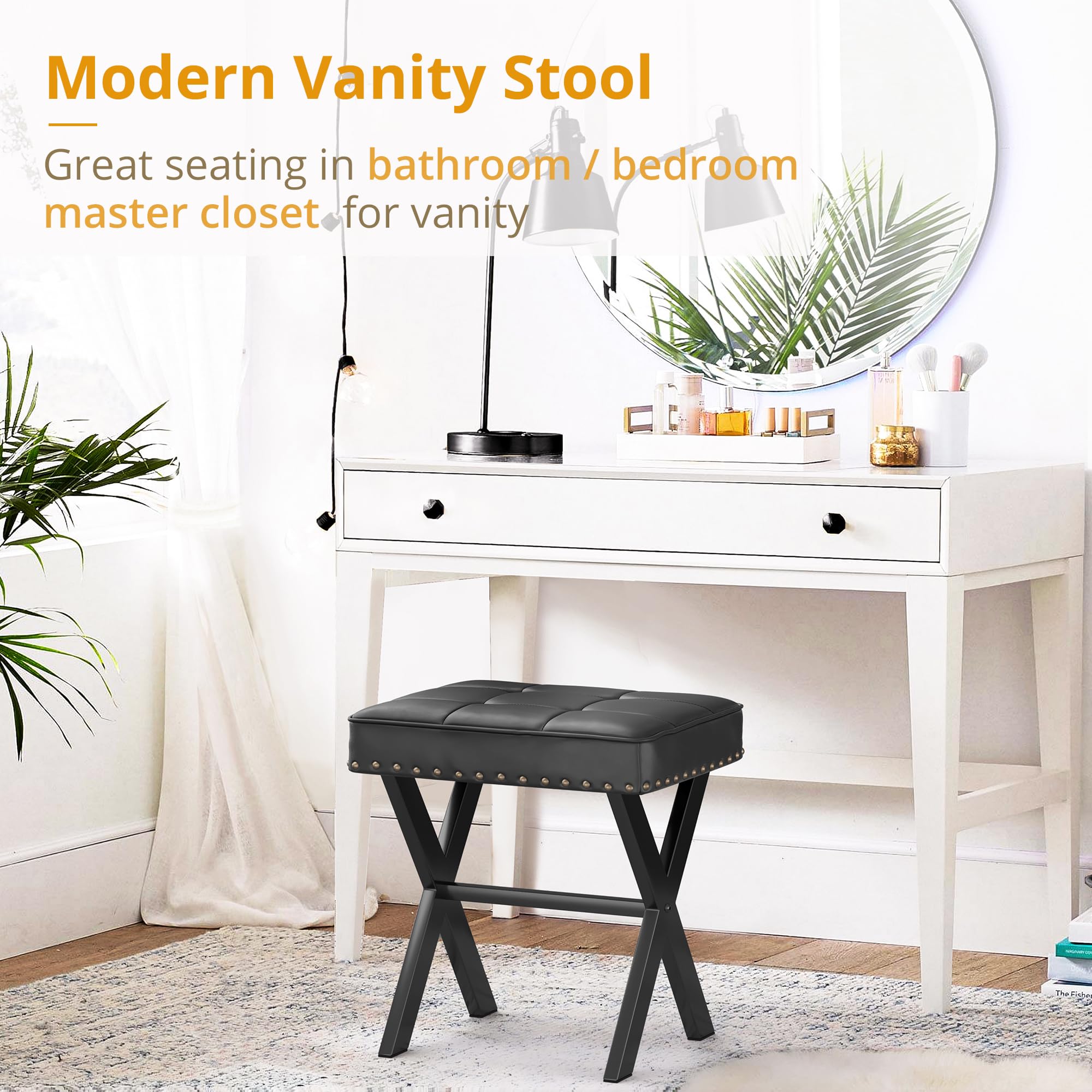 LUE BONA Vanity Stool, Square Faux Leather Makeup Stool with Metal X Legs, Small Ottoman Stool Chair for Vanity, Modern Padded Vanity Seat Foot Rest Stool for Makeup Room, Living Room, Black