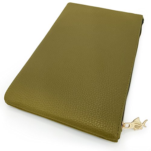 Faux Leather Pencil Case - Leather Look Makeup Bag - Olive Green with Gold Zip - Large