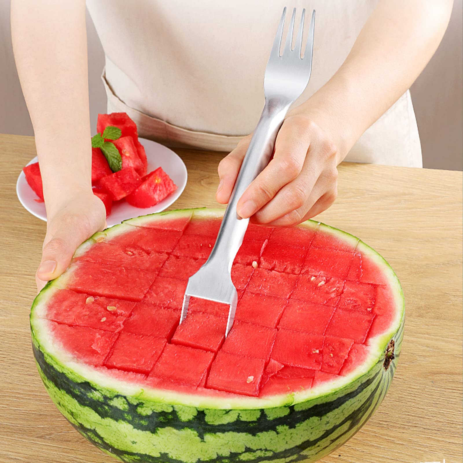 WDDH 2 in 1 Watermelon Slicing Knife,Dual Head Stainless Steel Fruit Forks Cutter Knife Portable Watermelon Fork Cutter Tool for Party Camping Kitchen Gadget[#1]