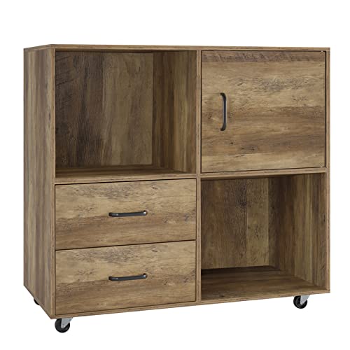 Graciia Wood Mobile File Cabinet, Lateral File Cabinet with 2 Drawers, Printer Stand with Storage Door and Shelves, Large Mobile Filing Cabinet for Home Office, Rustic Brown
