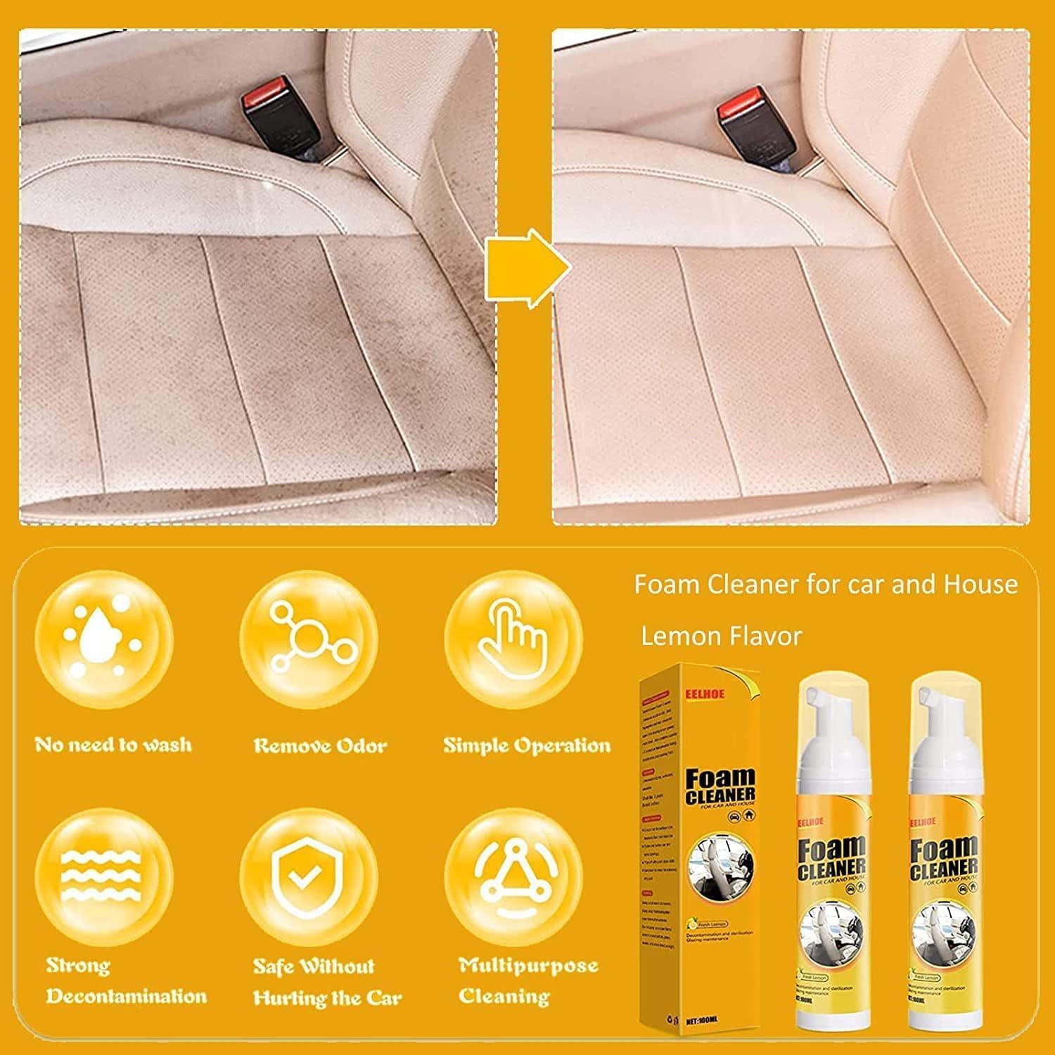 KUTDEP Dry Cleaning Ahent Multipurpose Foam Cleaner Spray,Lemon Flavor Multi-Purpose Foam Cleaner, Foam Cleaner for Car, Powerful Decontamination Set for Car and Home Kitchen (2pcs*100ML) + 2 Sponges