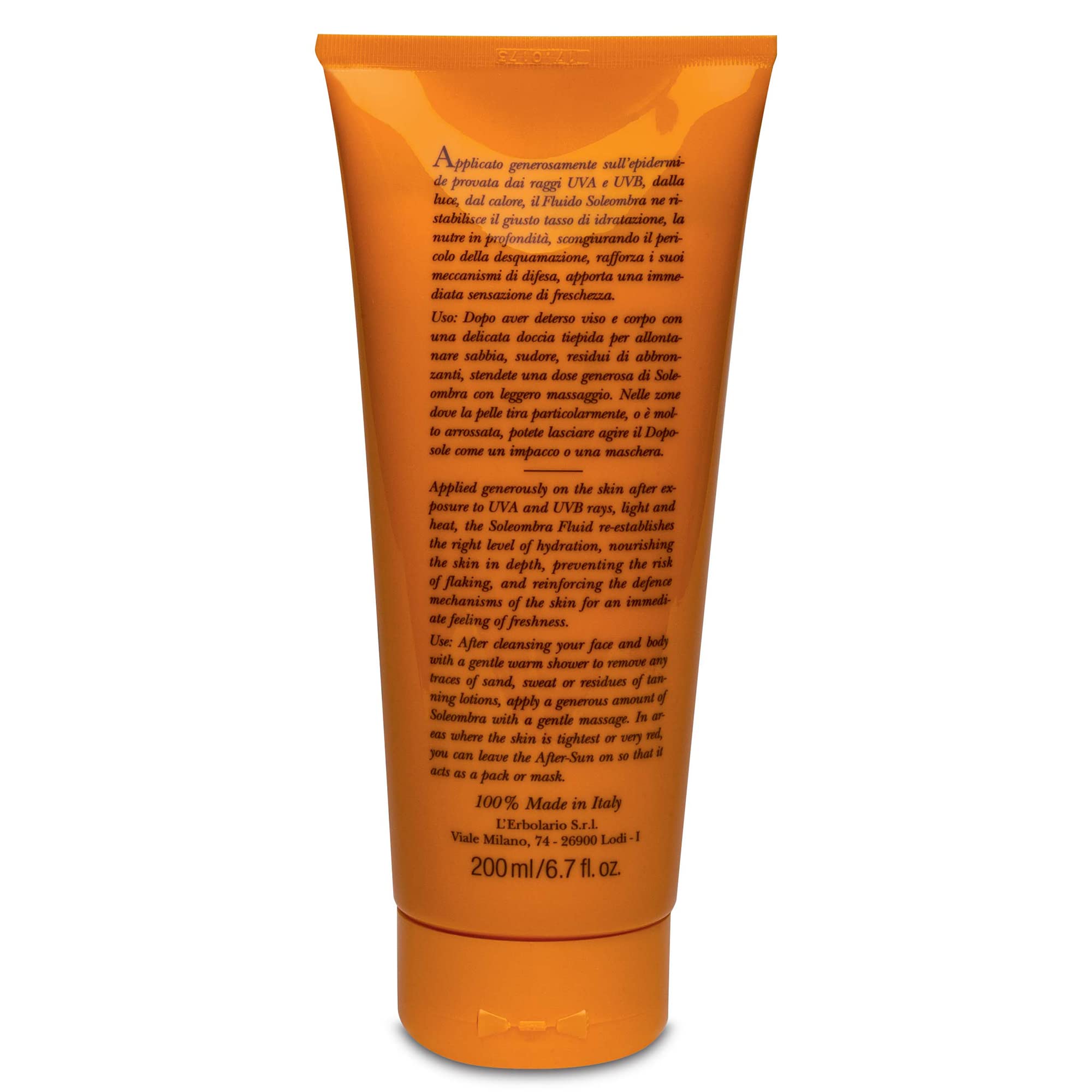 L'Erbolario Soleombra Silky After-Sun Fluid - After Sun Serum - Hydrating Sunburn Relief - Shea Butter, Argan Oil, and Quinoa Proteins - 6.7 oz