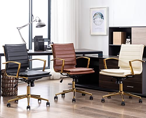Shunzhi Leather Desk Chair with Armrest PU Leather Office Midback Adjustable Home Computer Executive Swivel Conference Task Managers Chair with Chrome Base, Black and Gold
