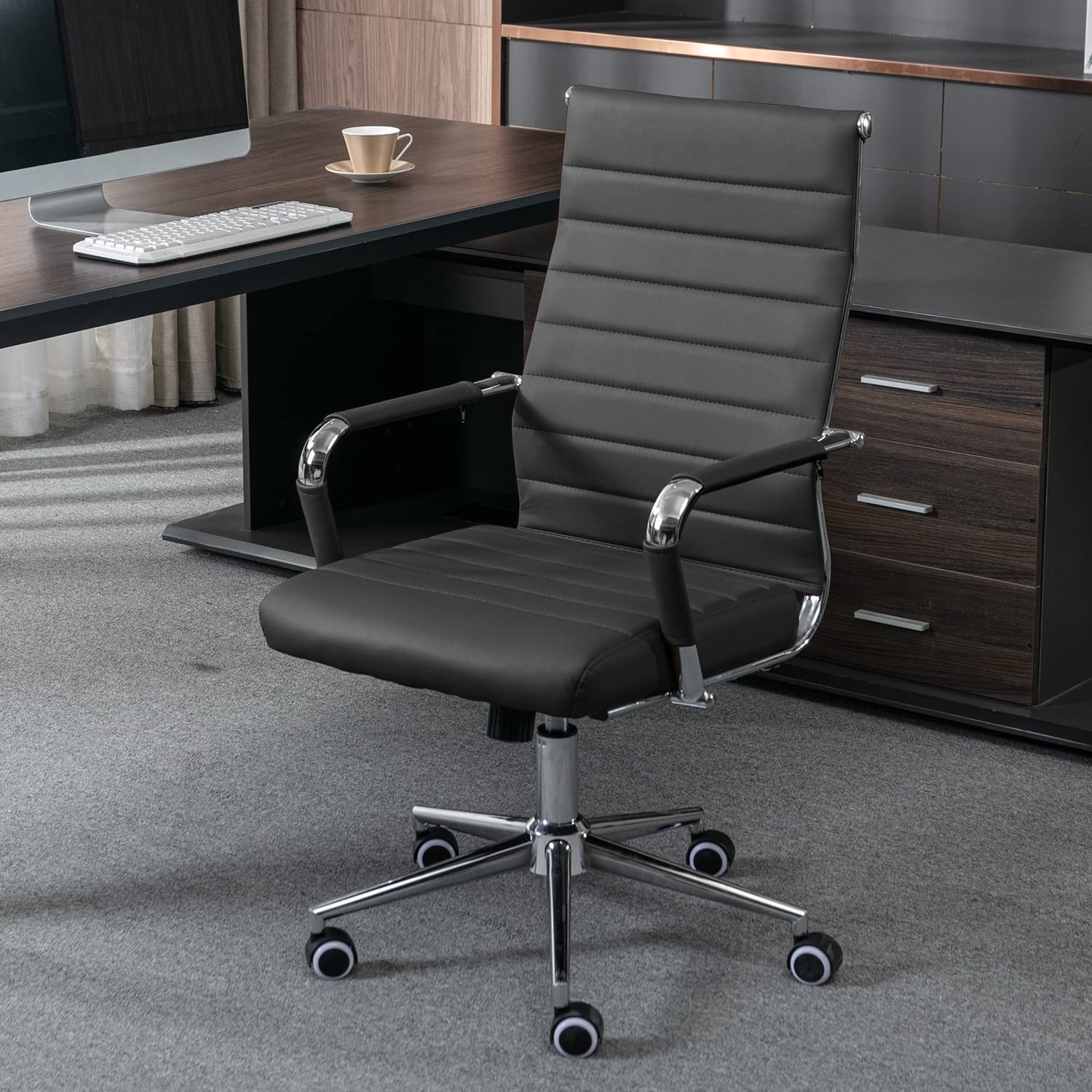 Okeysen Office Desk Chair, Ergonomic Leather Modern Conference Room Chairs, Executive Ribbed Height Adjustable Swivel Rolling Chair for Home Office. (Black)