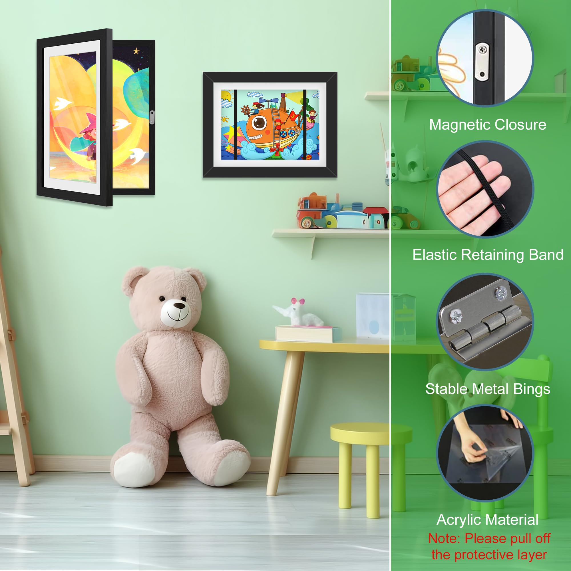 G4S3 2 Pack Kids Art Frame, 8.5x11 Front Opening Kids Artwork Frames Changeable, Chind Artwork Display Storage Frame for 3D Picture Crafts, Children Drawing Hanging Art, Holds 50-100 Pcs, Black