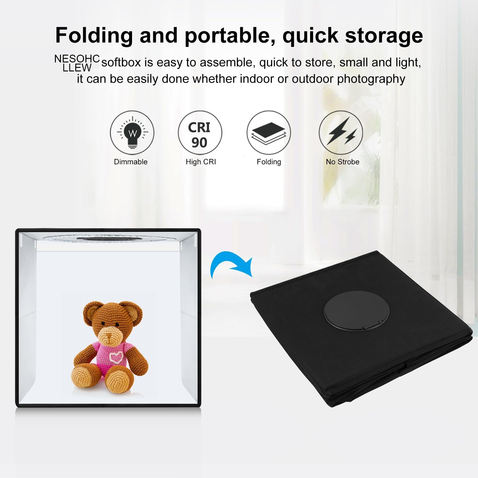 NESOHC-LLEW Portable Photo Studio Light Box, 16"x16" Professional Dimmable Shooting Tent Kit with 160 LEDs Lights & 12 Kinds Double-Sided Color Backgrounds,3200-6500K