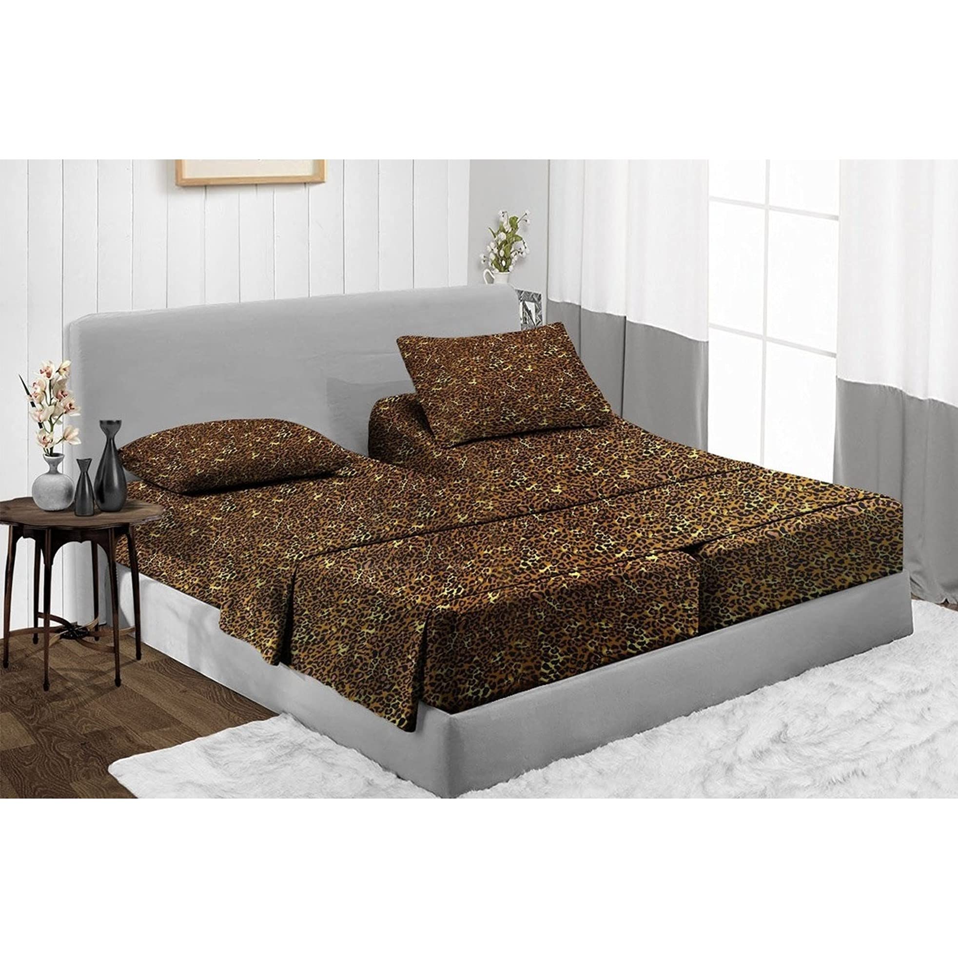 Split King Sheets Sets for Adjustable Bed, Soft Sateen Weave, 400-Thread-Count 100% Egyptian Cotton 5PC Set with 2 Fitted Sheets, Split-King Sheet Set 28-Inch Deep Pockets, 400-TC - |Leopard Print|